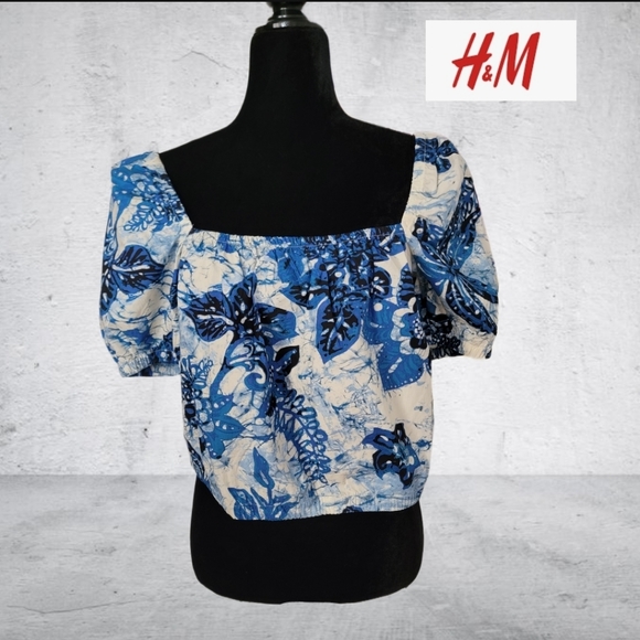 H&M | Tops | Hm Short Sleeveoff Shoulder Cropped Floral Cotton Top Blue | Poshmark